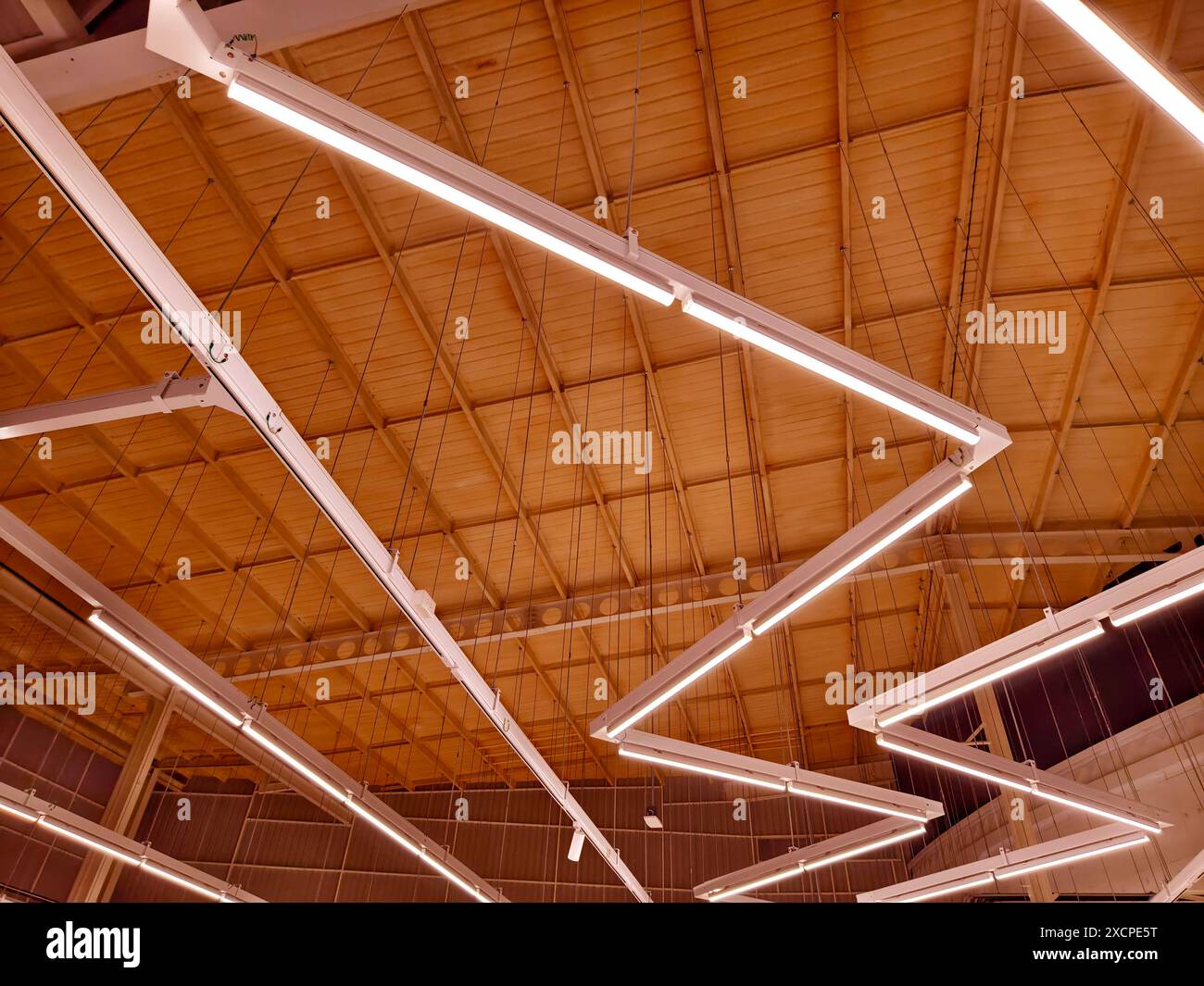 Ceiling with pipes is beautifully decorated with many industrial lamps ...