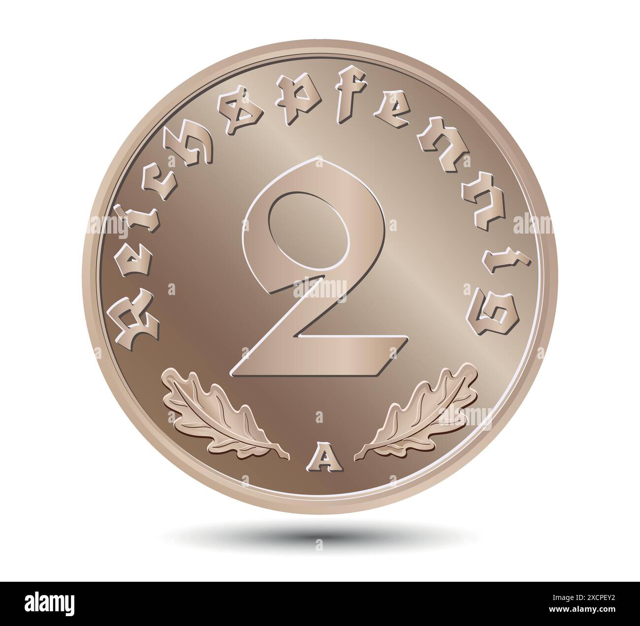 2 Reichspfennig of Germany outlined in vector. Oak leaves below. Nazi ...
