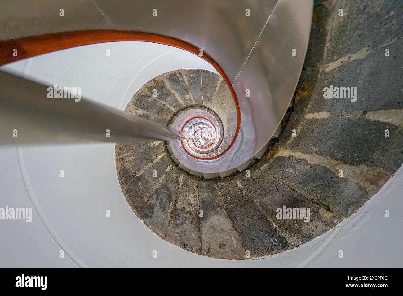 Circular perspective of the stairs inside the capelinhos lighthouse ...