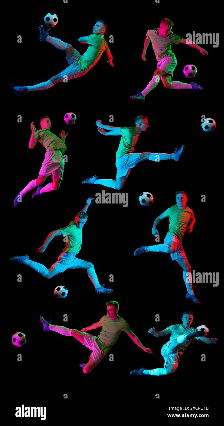 Set. Young man, soccer player in mid-air posed, training, hitting ball ...