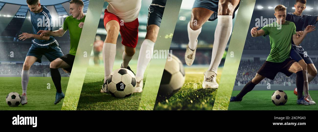 Collage. Two competitive young men, soccer players in motion during ...