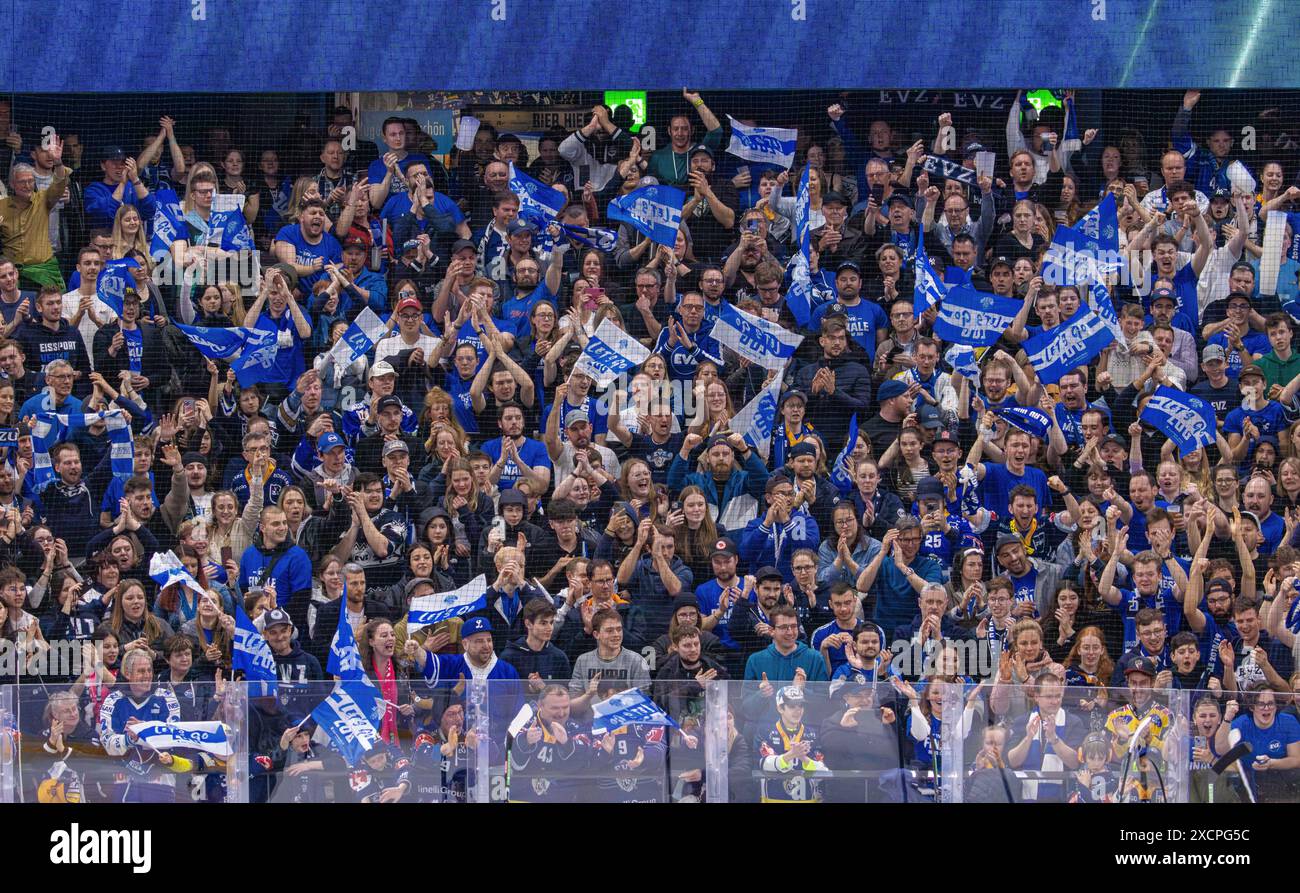 EV Zug fans celebrate their team. (Zug, Switzerland, 30.03.2024) (Photo by Andreas Haas ...