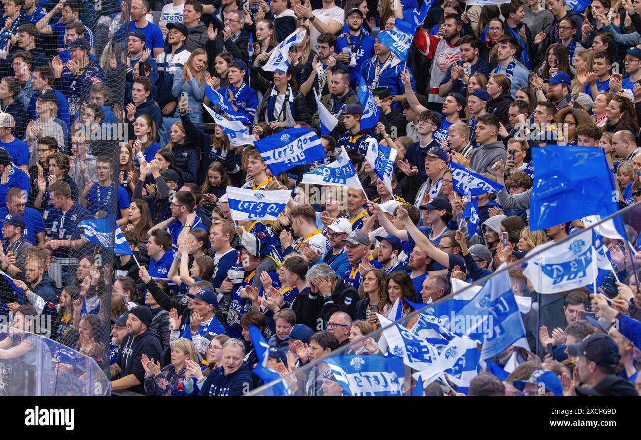 EV Zug fans celebrate their team. (Zug, Switzerland, 30.03.2024) (Photo by Andreas Haas ...