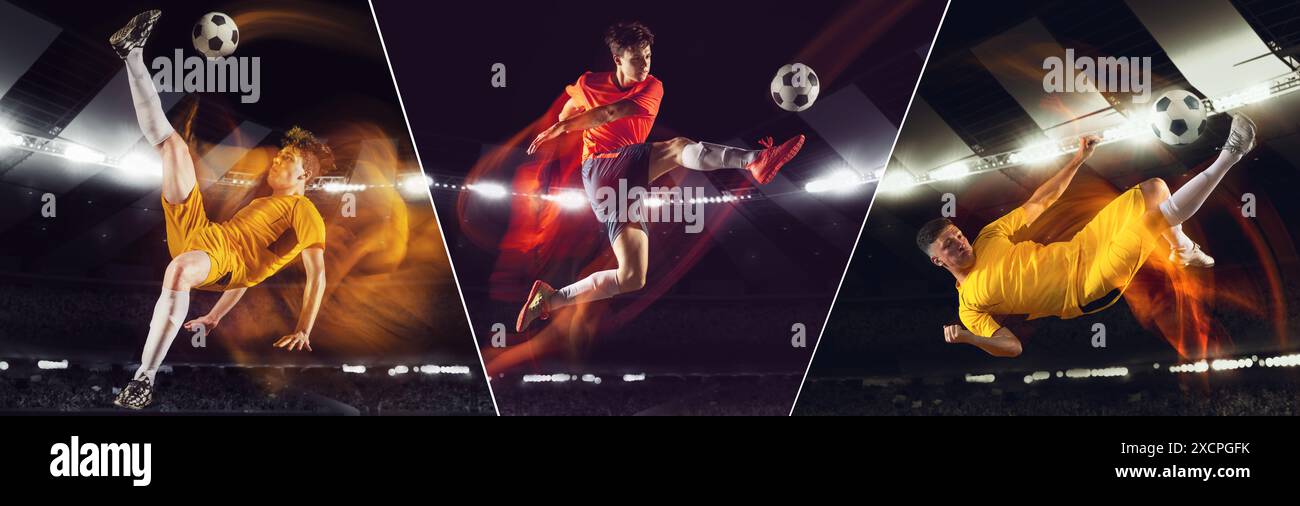 Collage. Young men, soccer players in red and yellow uniform in mid-air ...