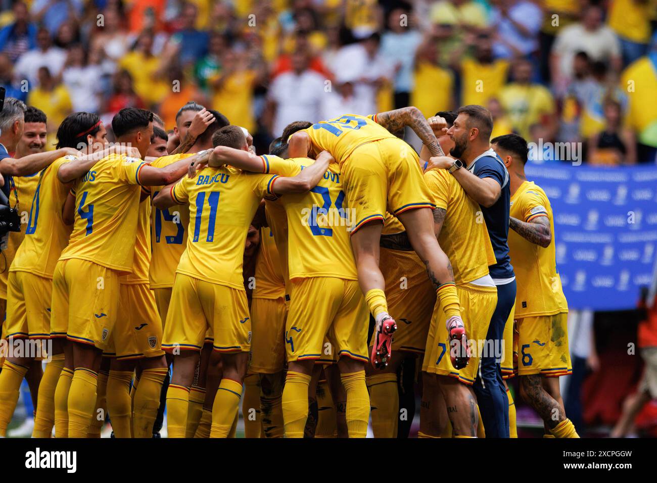 Players of Romania seen celebrating after winning the UEFA Euro 2024 ...