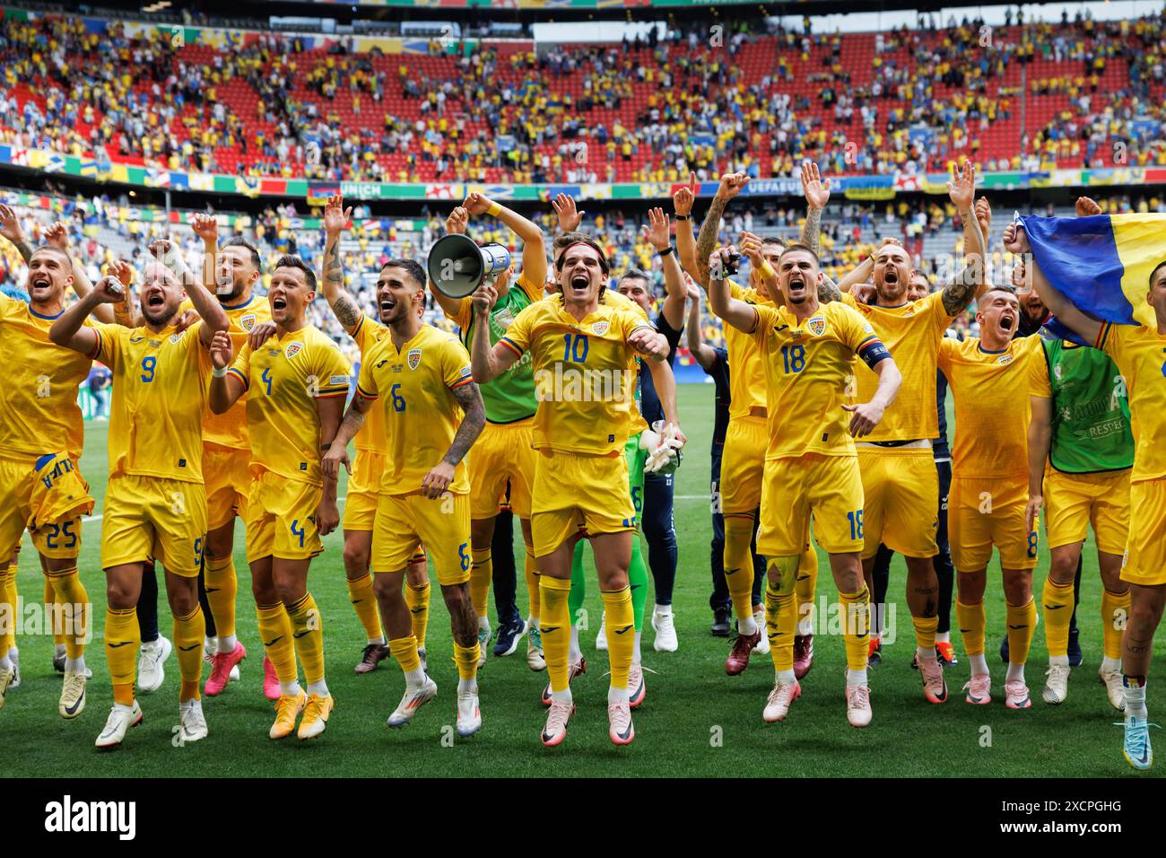Players of Romania seen celebrating after winning the UEFA Euro 2024 ...
