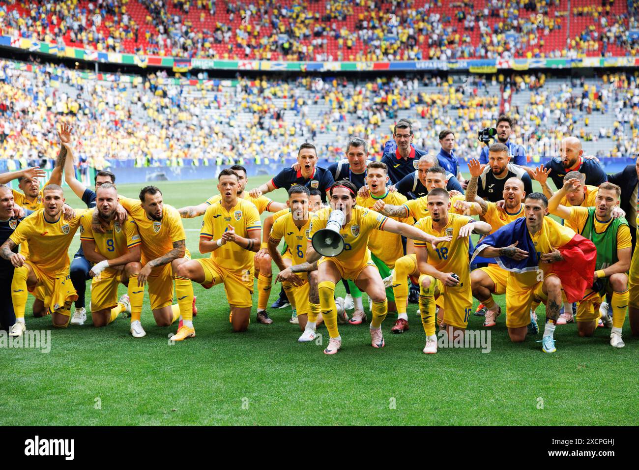Players of Romania seen celebrating after winning the UEFA Euro 2024 ...