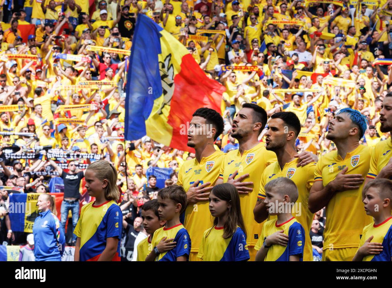 Players of Romania seen singing national anthem before the UEFA Euro ...