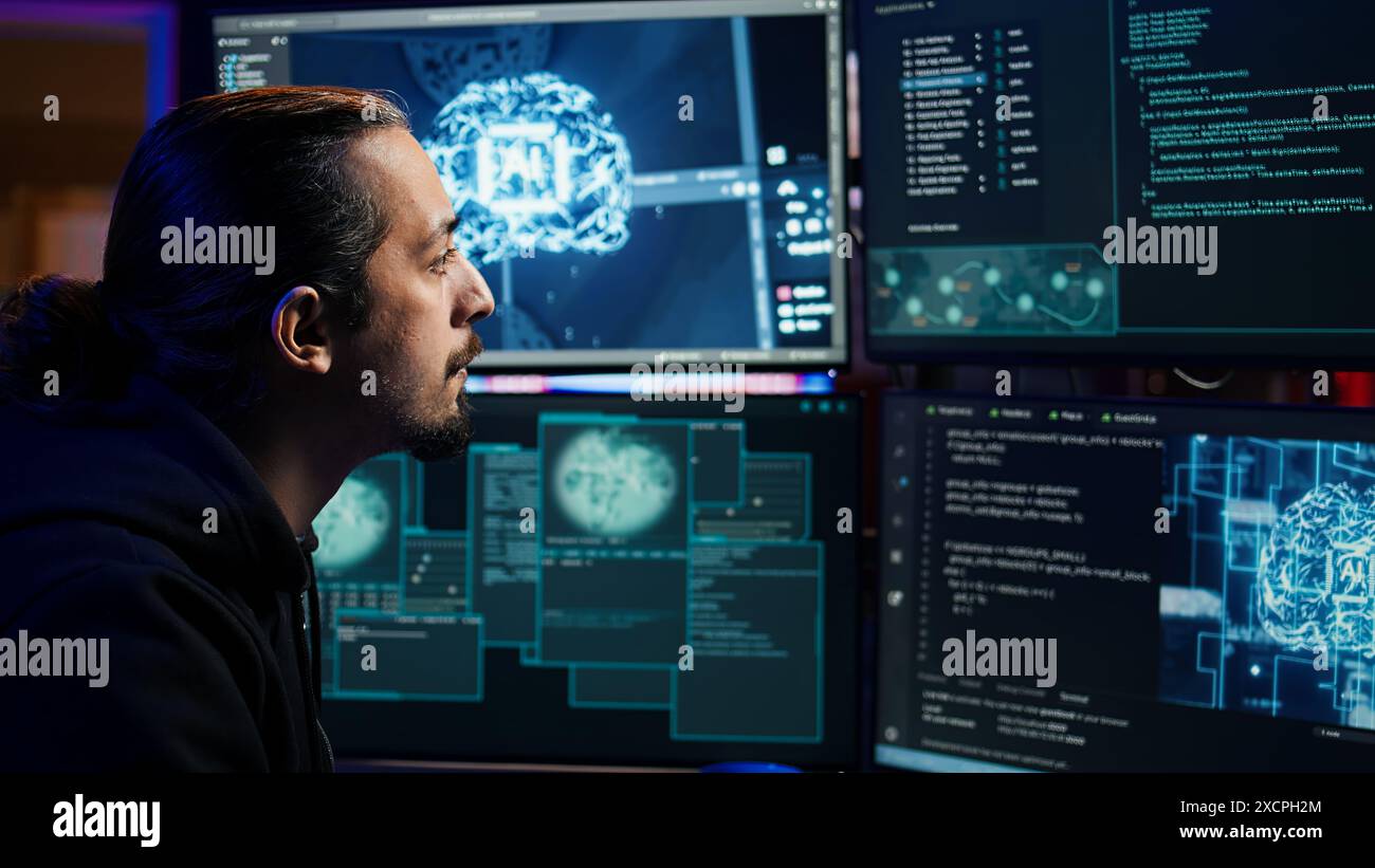 Hacker Using Ai Machine Learning On Computer To Produce Malware Corrupting Data Scammer Working