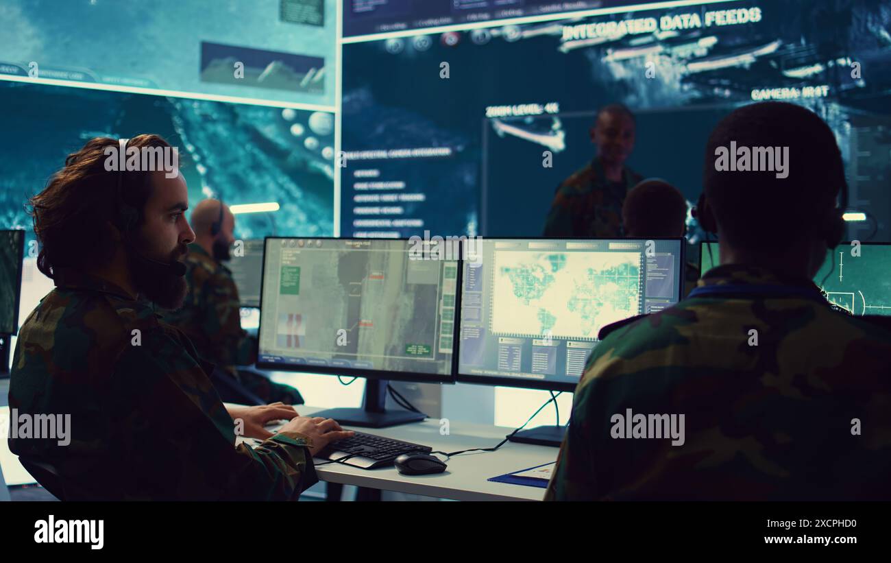 Commander communicating with allied forces and transmitting data from ...