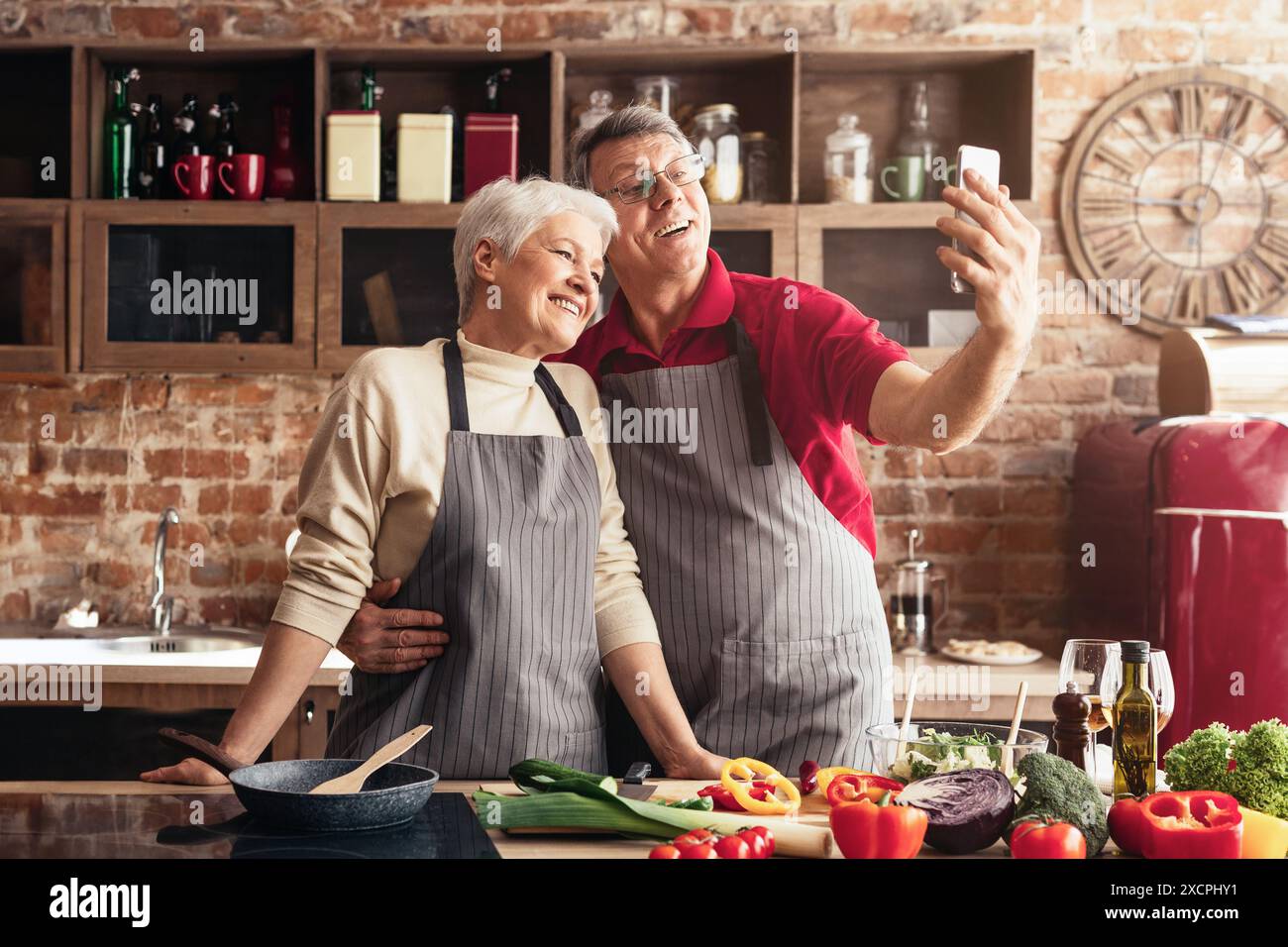 Happy Couple Taking Selfie in Restaurant Kitchen Stock Photo - Alamy