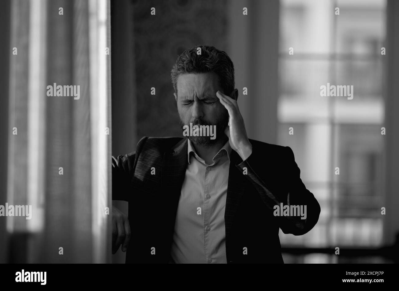 Tired, headache and eye strain. Businessman with stress, burnout and ...