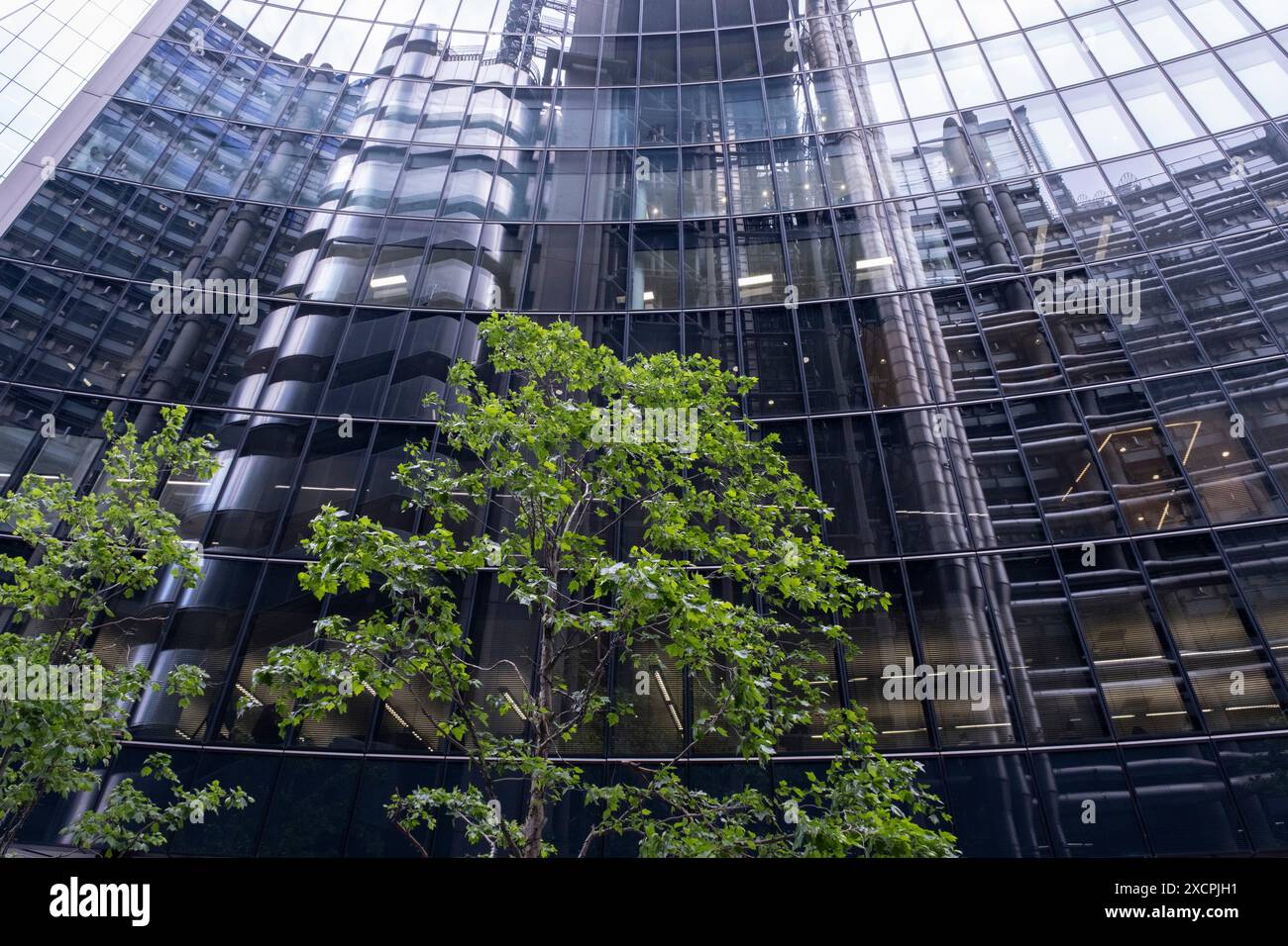 Lloyds Building is reflected in the glass structures of other modern ...
