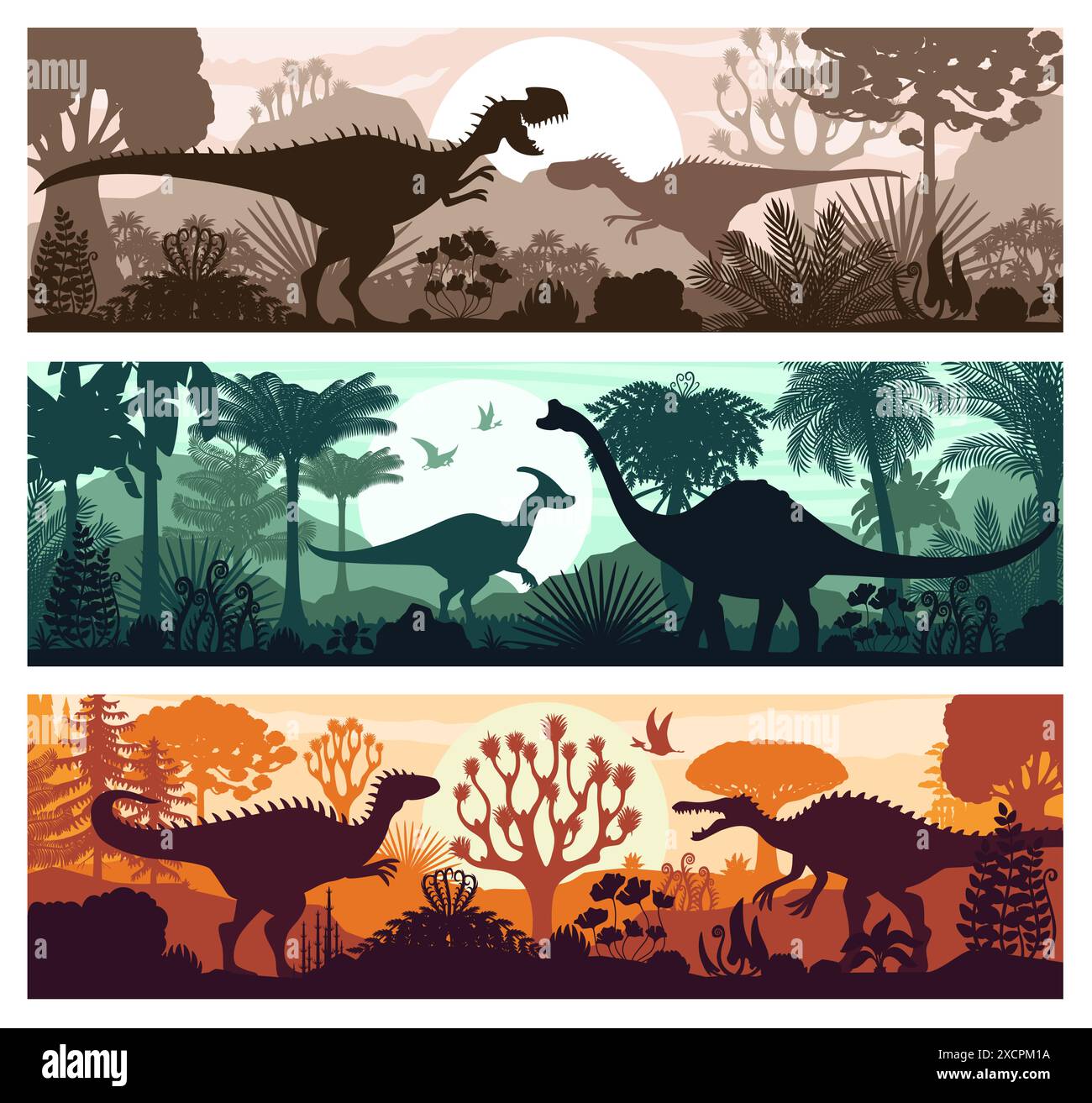 Prehistoric dinosaurs silhouettes in tropical forest. Vector scenic ...