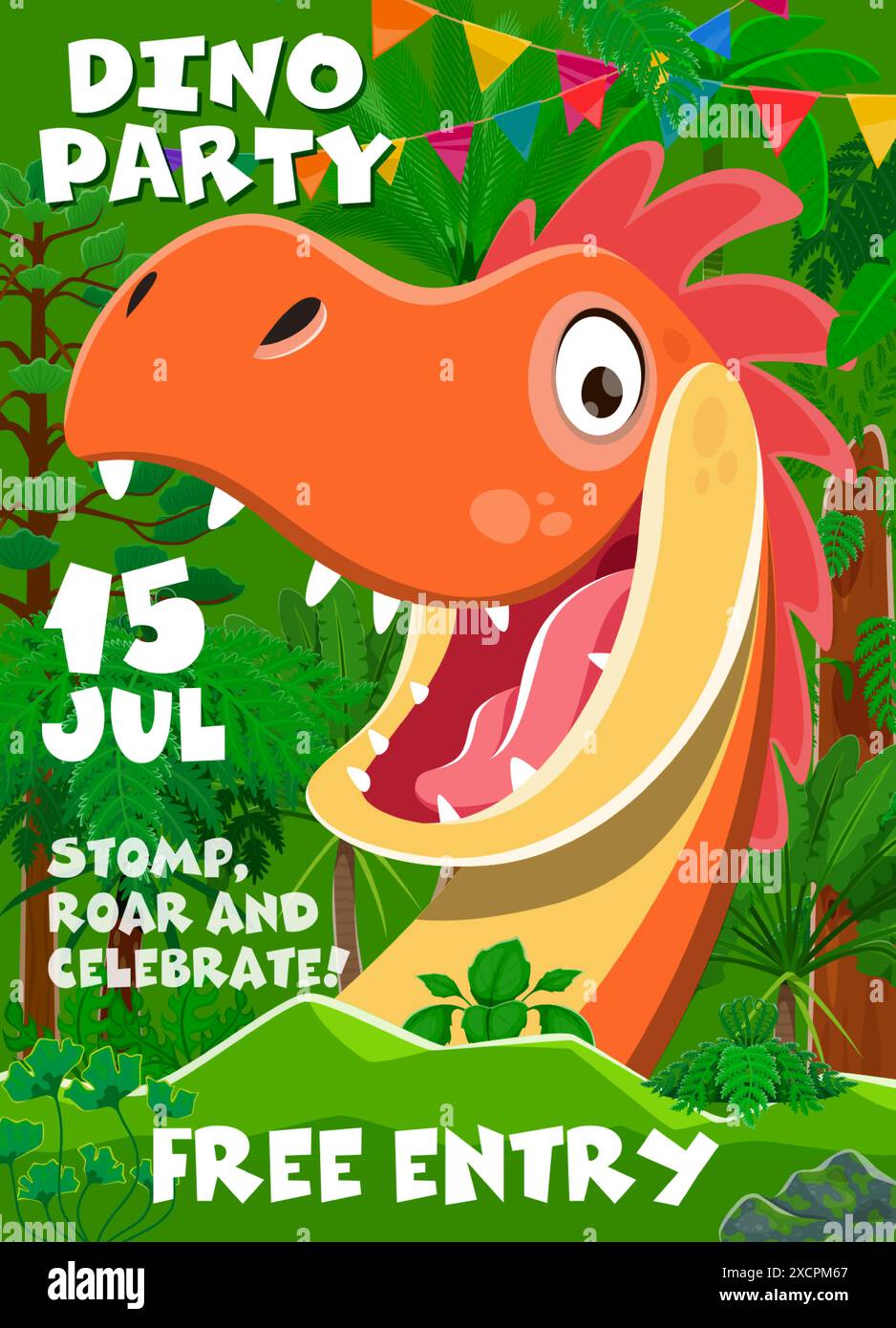 Kids birthday dino party invitation flyer with cute funny dinosaur ...