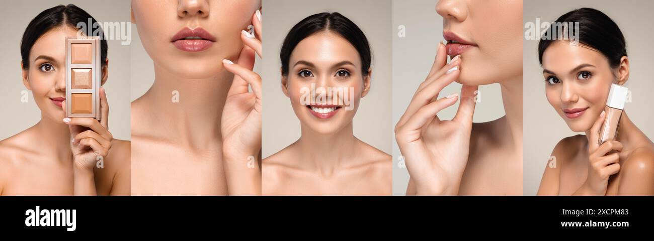 Brunette Woman Using Skincare and Makeup Products Stock Photo - Alamy