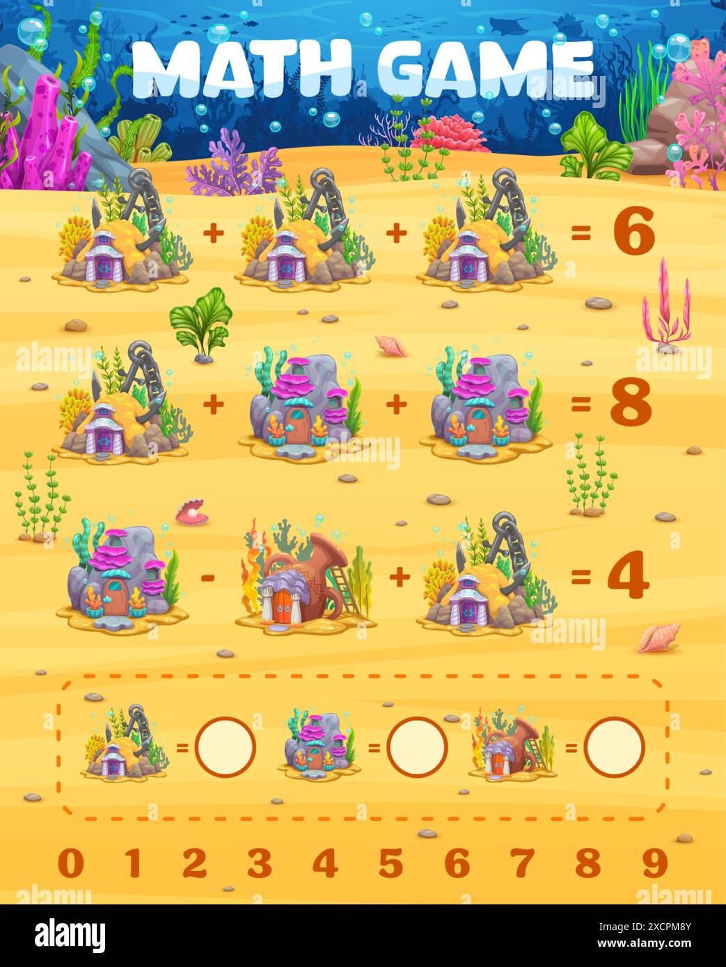 Underwater sea houses on math game worksheet, vector education quiz ...