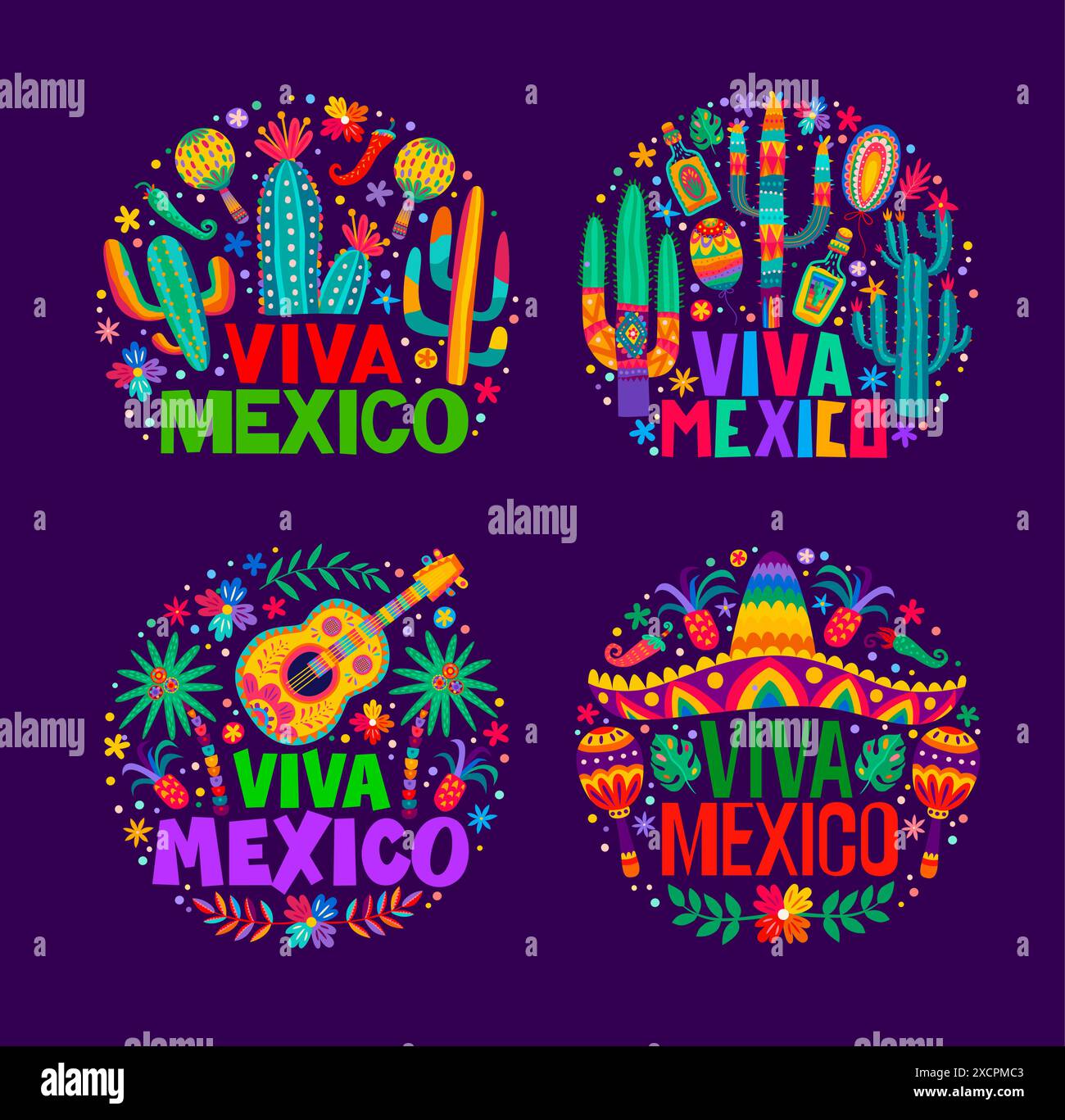 Viva Mexico Mexican independence holiday labels with cacti and sombrero ...