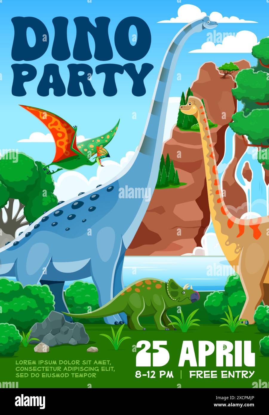 Kids dino party flyer, cartoon prehistoric dinosaurs in jurassic ...