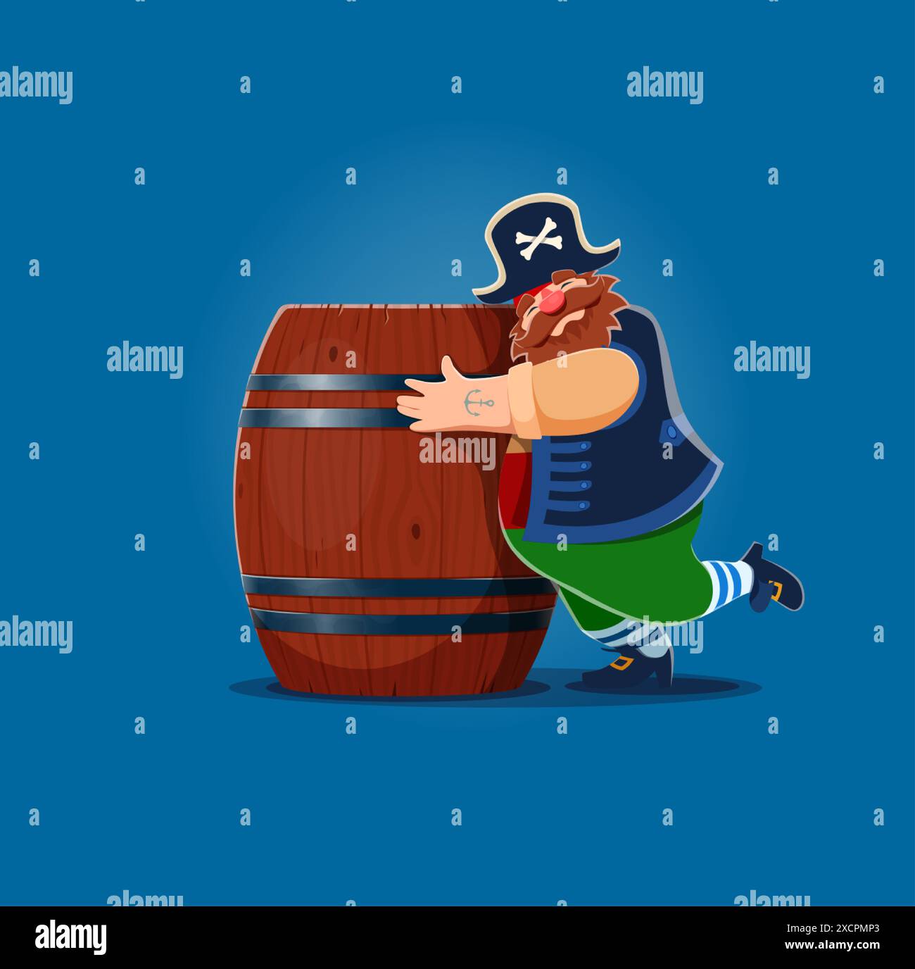 Cartoon pirate character with rum barrel. Isolated vector corsair ...