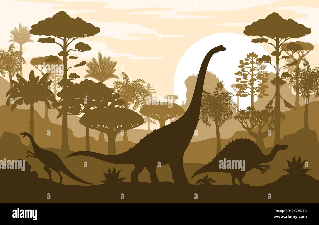 Dinosaur silhouettes in jungles, prehistoric landscape of Jurassic park ...