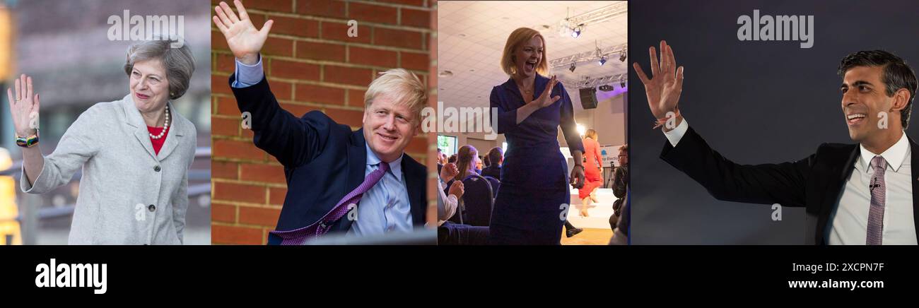 A montage image of waving UK prime ministers, Theresa May, Boris ...