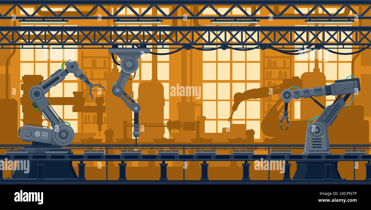 Factory conveyor line with computer robots in technology industry, vector background. Production ...