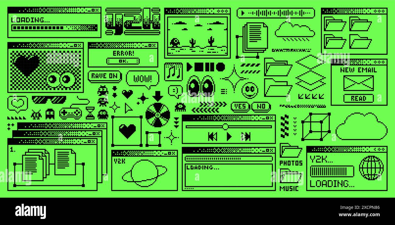 Rave Y2K computer window page with acid green interface screen and pixel buttons, vector ...