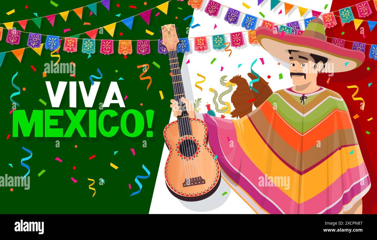 Mexican Independence Day banner. Viva Mexico and mexican musician with ...
