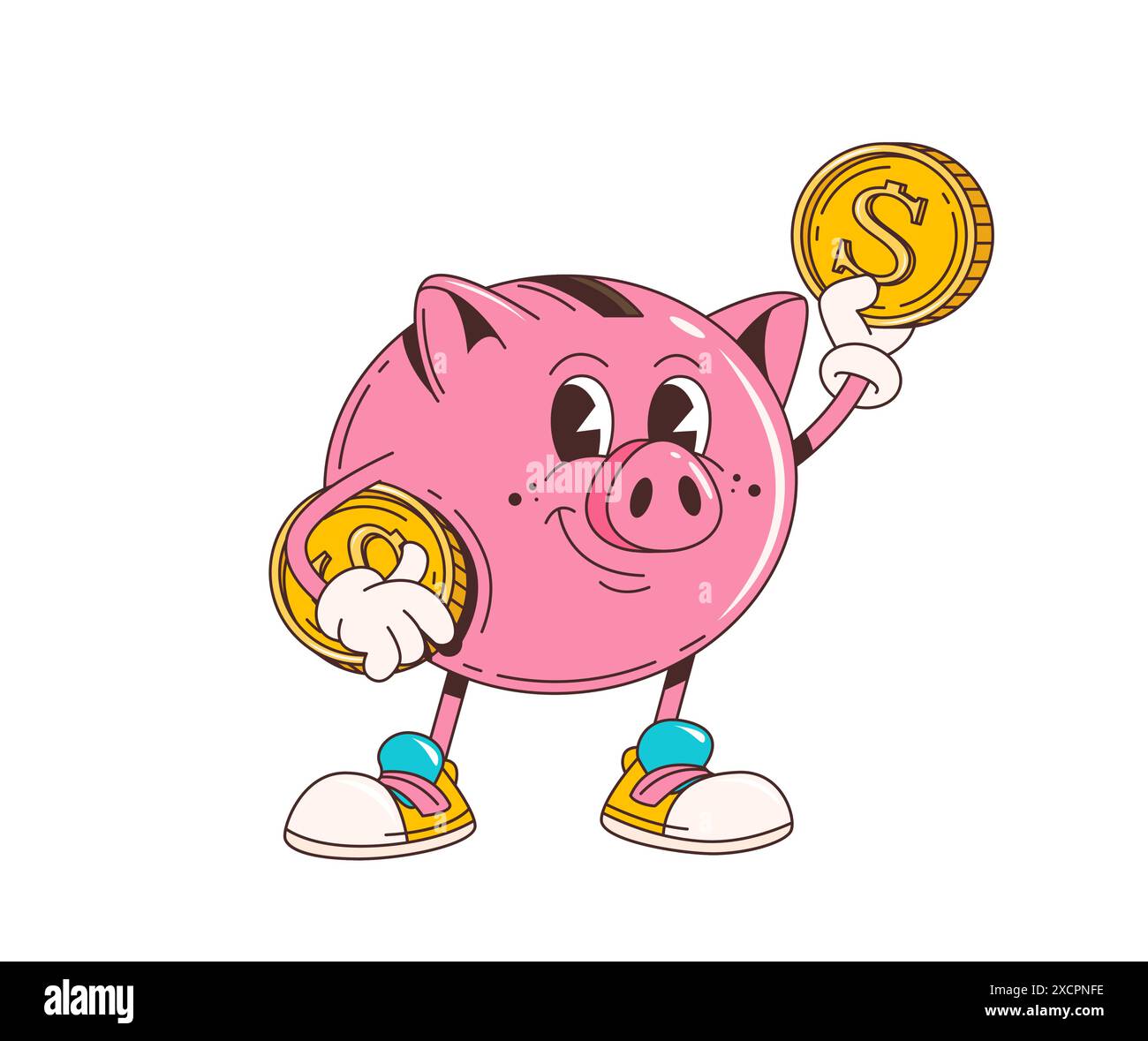 Cartoon retro groovy piggy bank character. Isolated vector cheerful ...