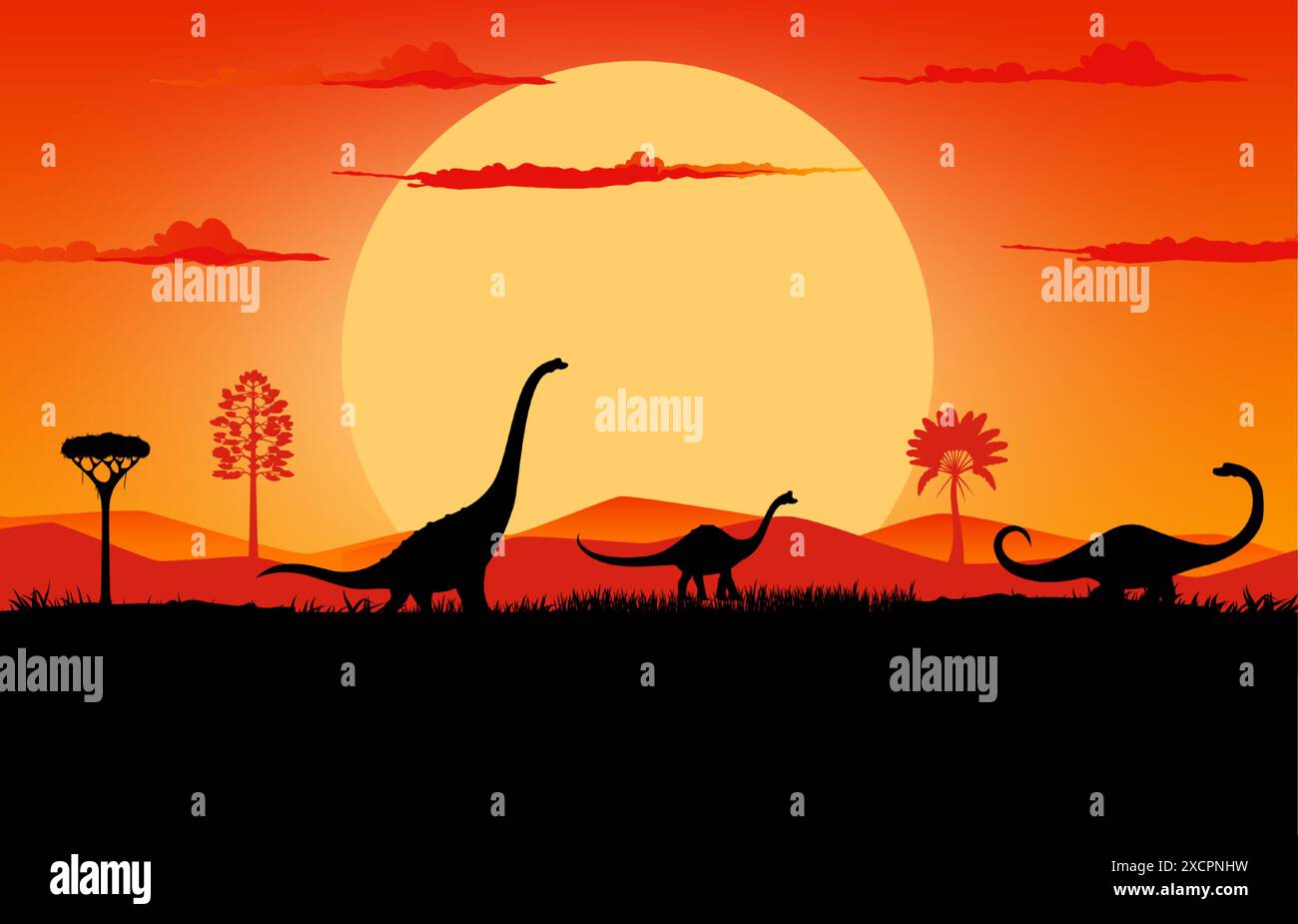 Dinosaurs silhouettes on sunset landscape with prehistoric trees, hills ...