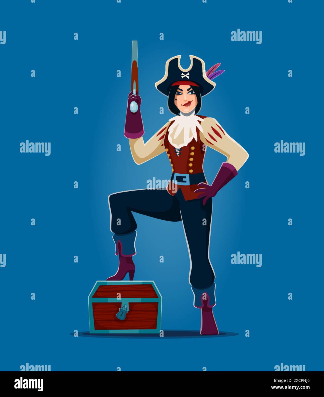Cartoon pirate woman captain character. Isolated vector female queen corsair with flamboyant ...