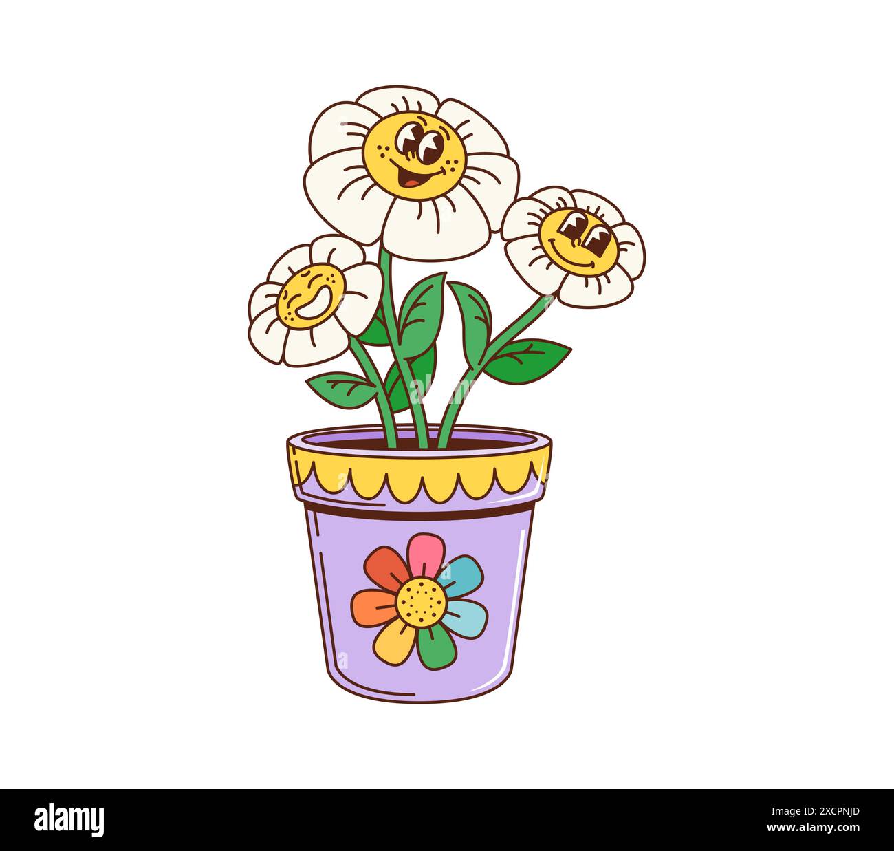 Cartoon retro groovy daisy flower characters growing in pot. Isolated ...