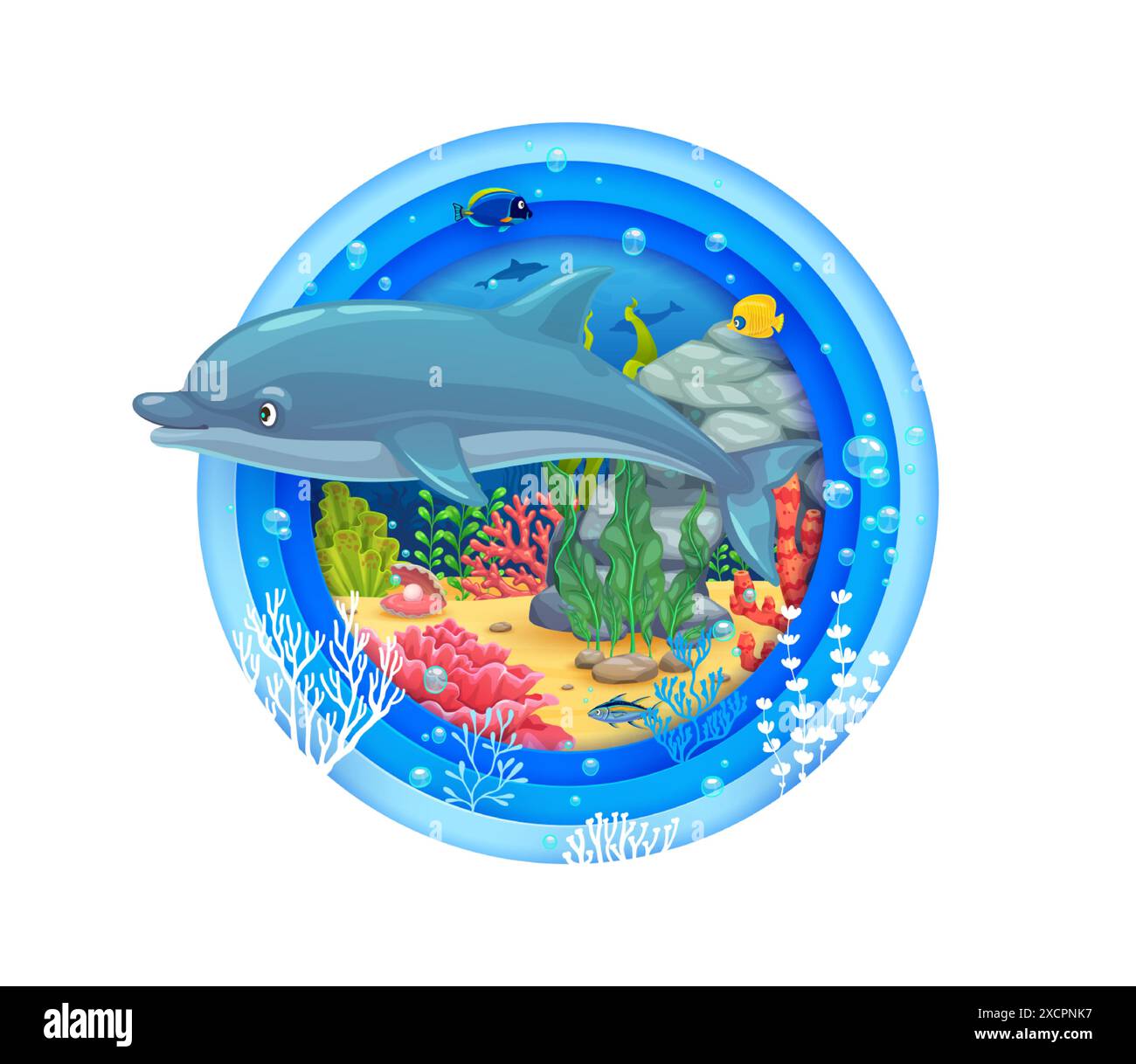 Underwater landscape with dolphin, paper cut banner. Vector round 3d ...