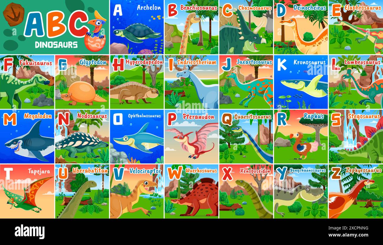 Kids prehistoric dinosaurs alphabet. Vector colorful educational dino ...