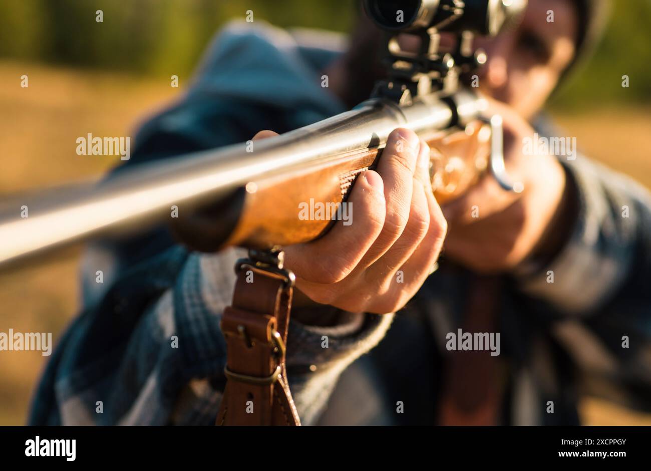 Hunter with shotgun gun on hunt. Barrel of a gun. Track down. Hunting ...