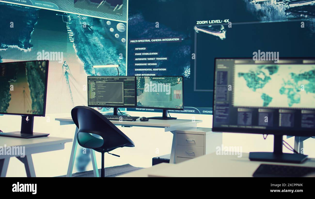 Empty military drone control center equipped with a big screen to ...