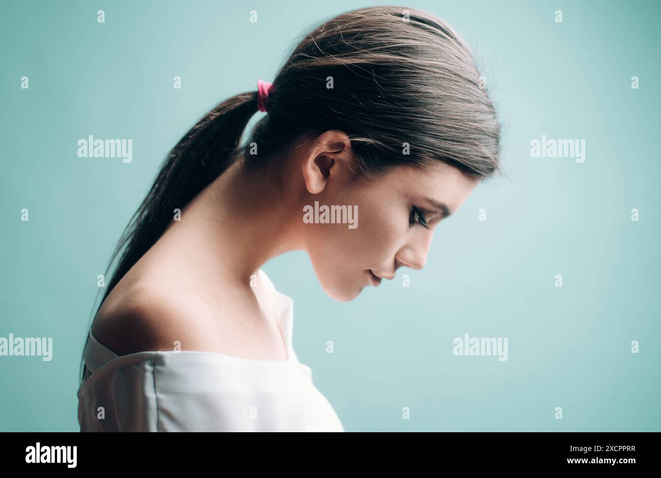 Thinking woman looking down. Problems solution. Overthinking girl Stock ...