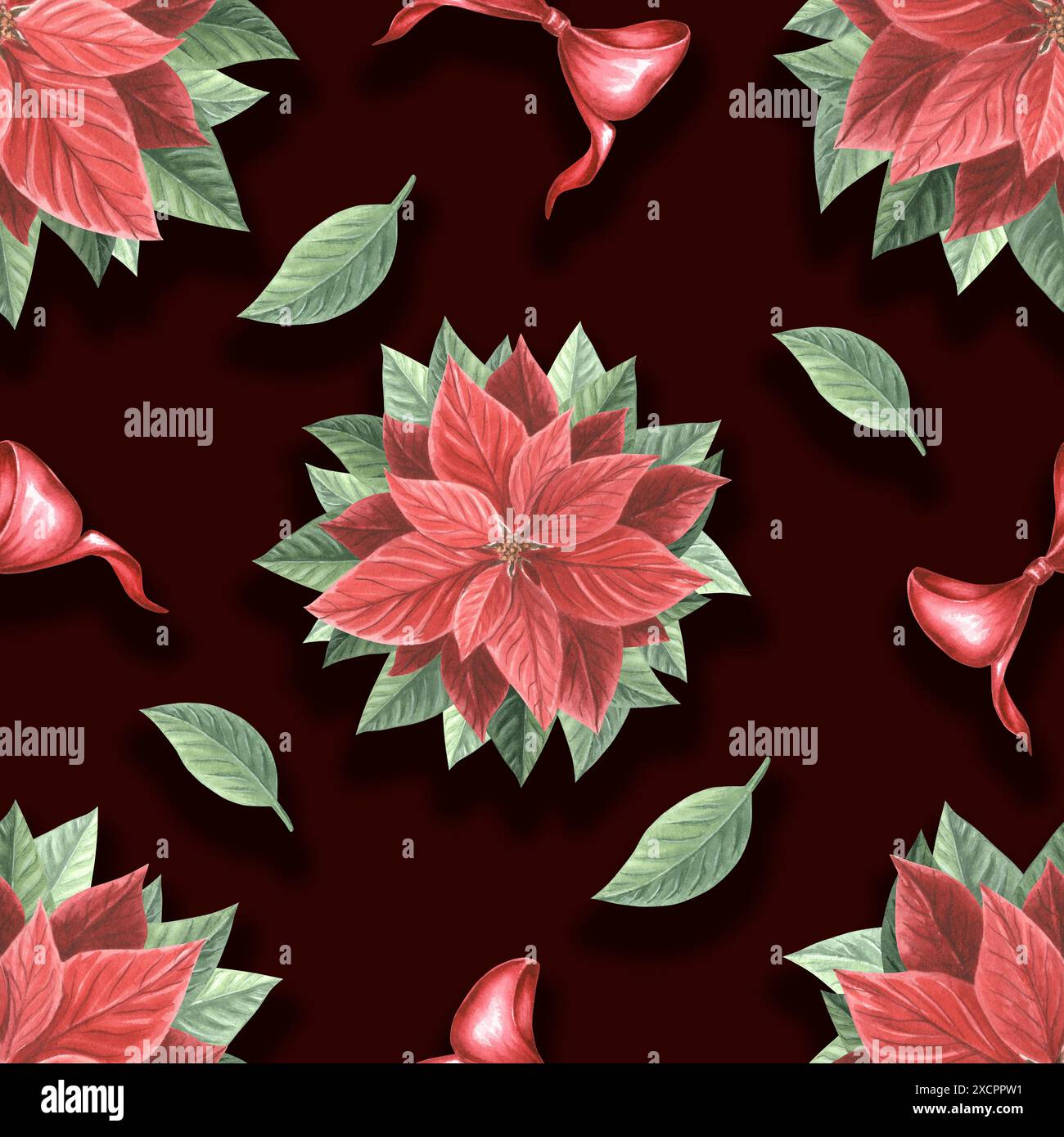 Poinsettia red flowers with leaves and bow. Christmas seamless pattern ...