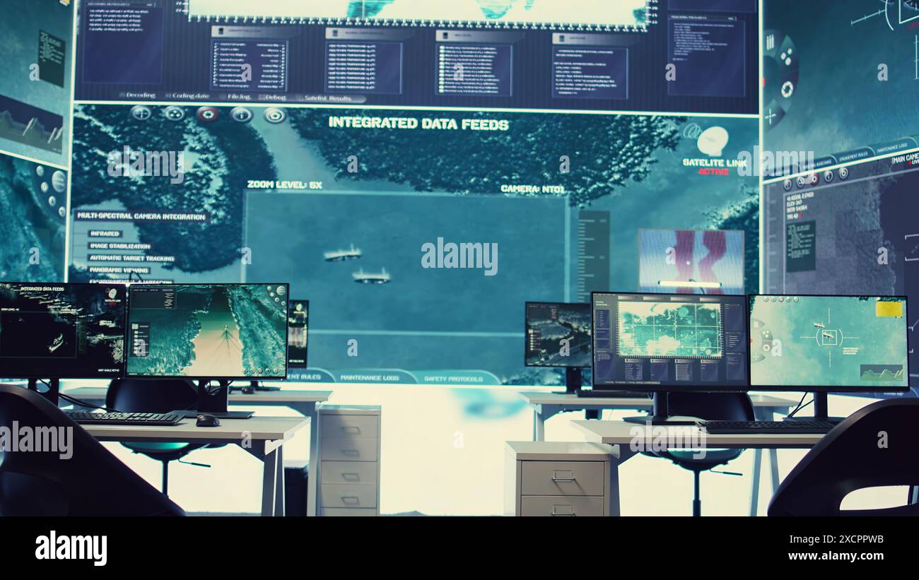 Empty military drone control headquarters employing CCTV radar footage ...