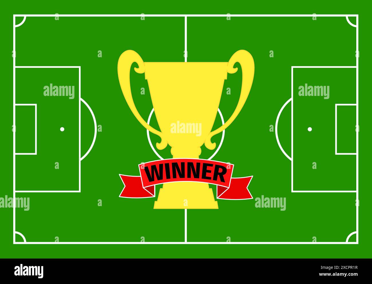Football field with green grass and with a gold cup with a red ribbon ...