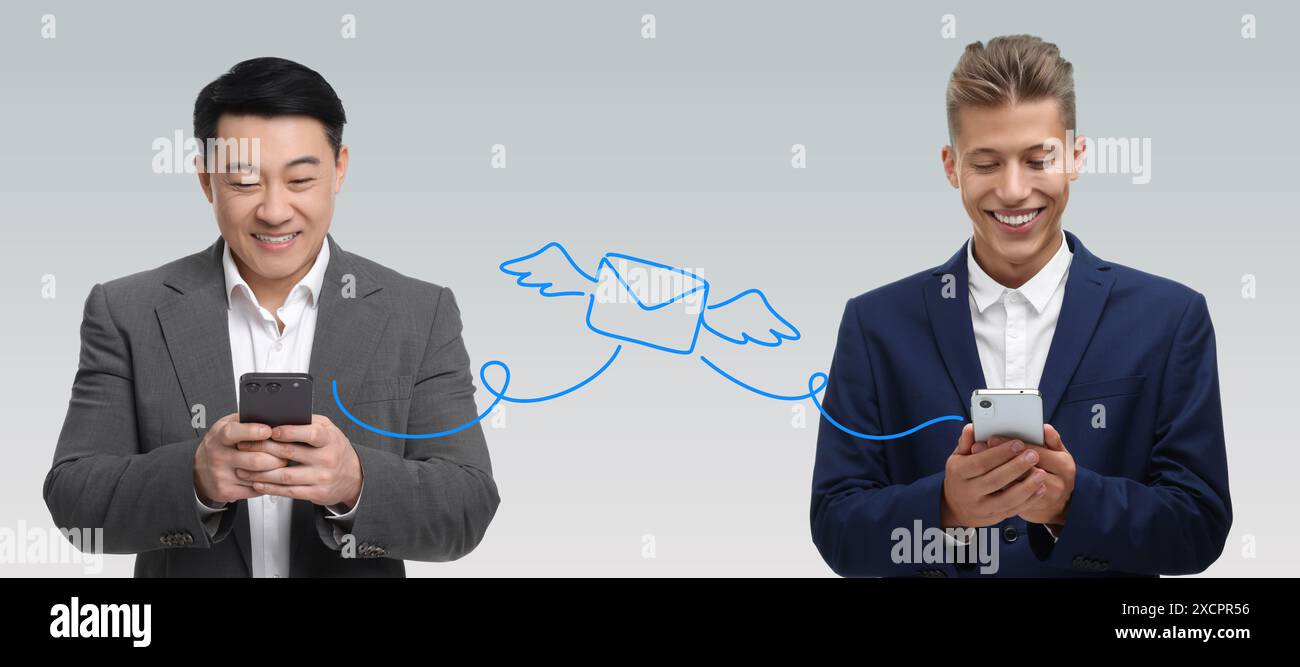 Men with smartphones messaging on light background, banner design ...