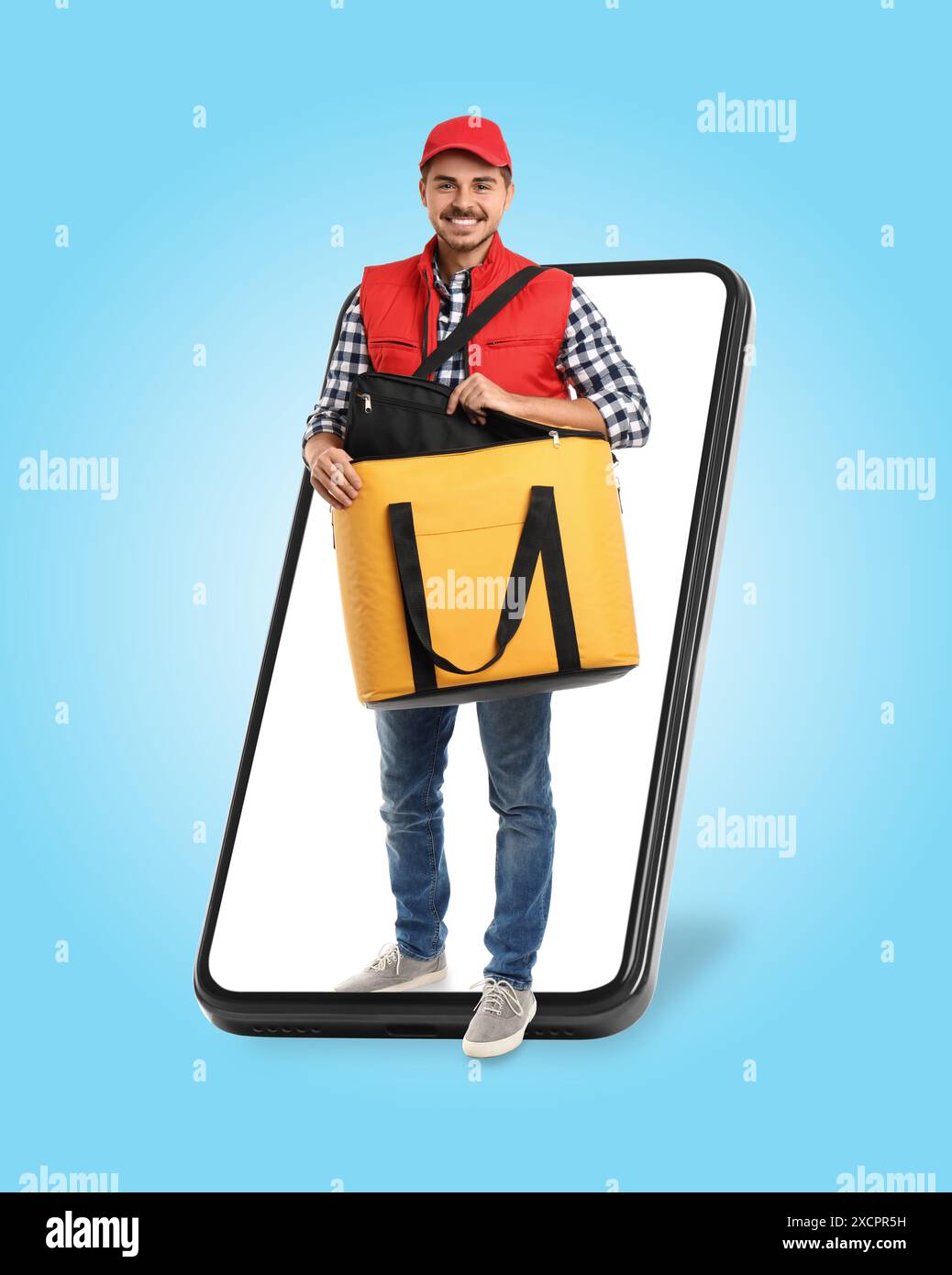 Online food ordering. Deliveryman with bag walking out of smartphone ...
