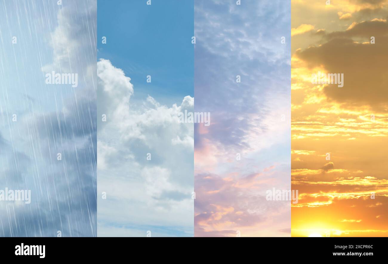 Different weather conditions due to season changing. Collage with ...
