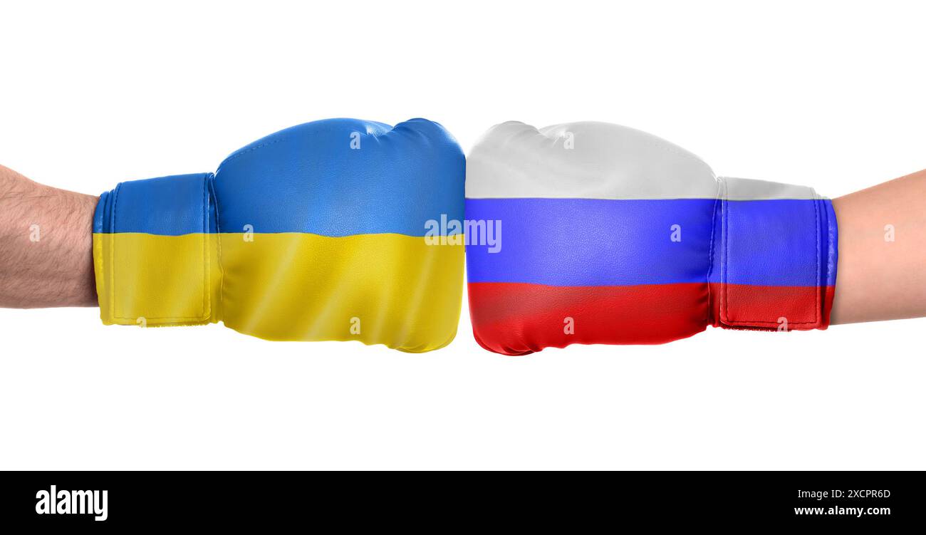 Political conflict. Men in boxing gloves with flags of Russia and ...