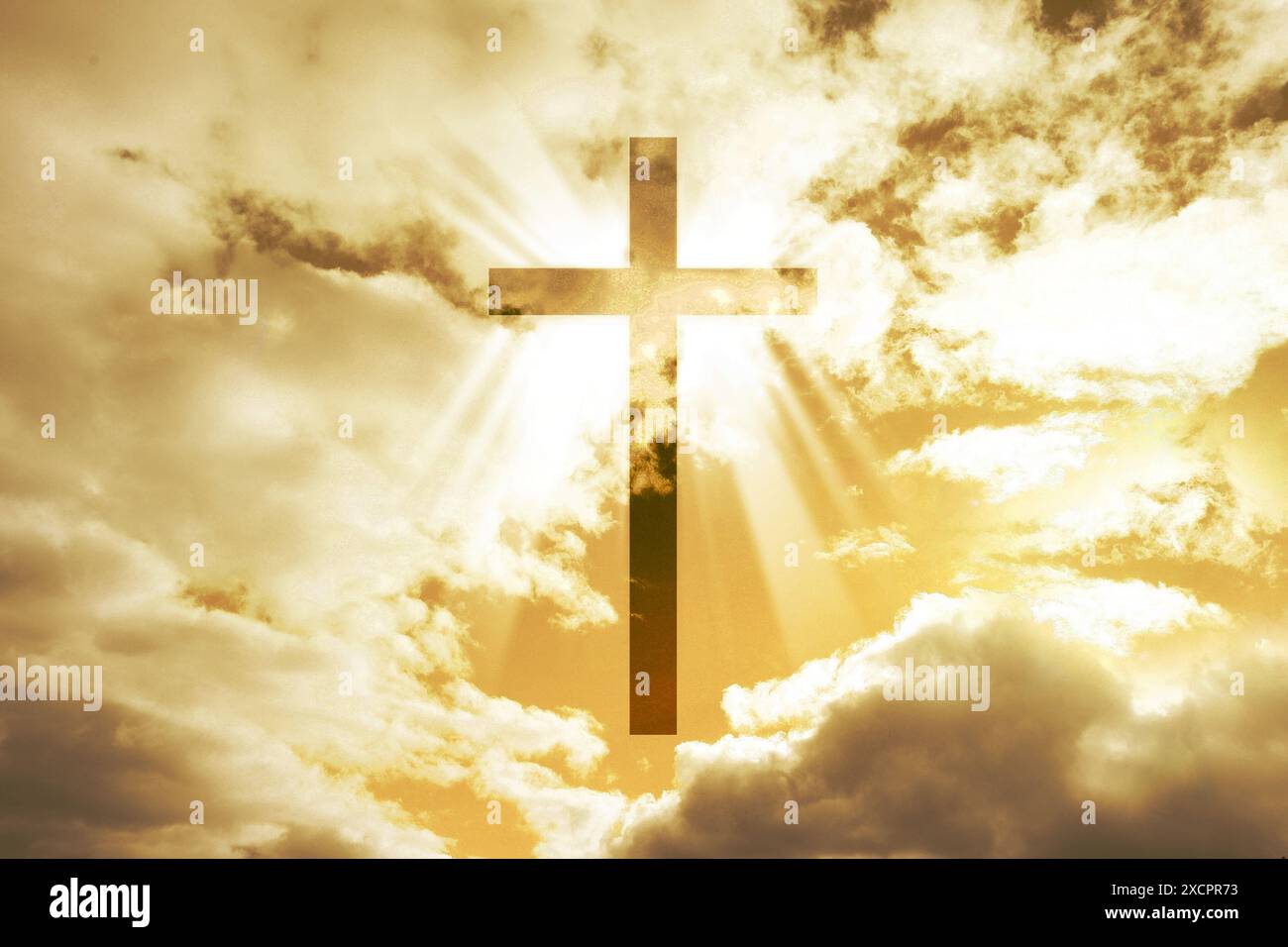Cross lit by sunlight in sky, double exposure. Religion of Christianity ...