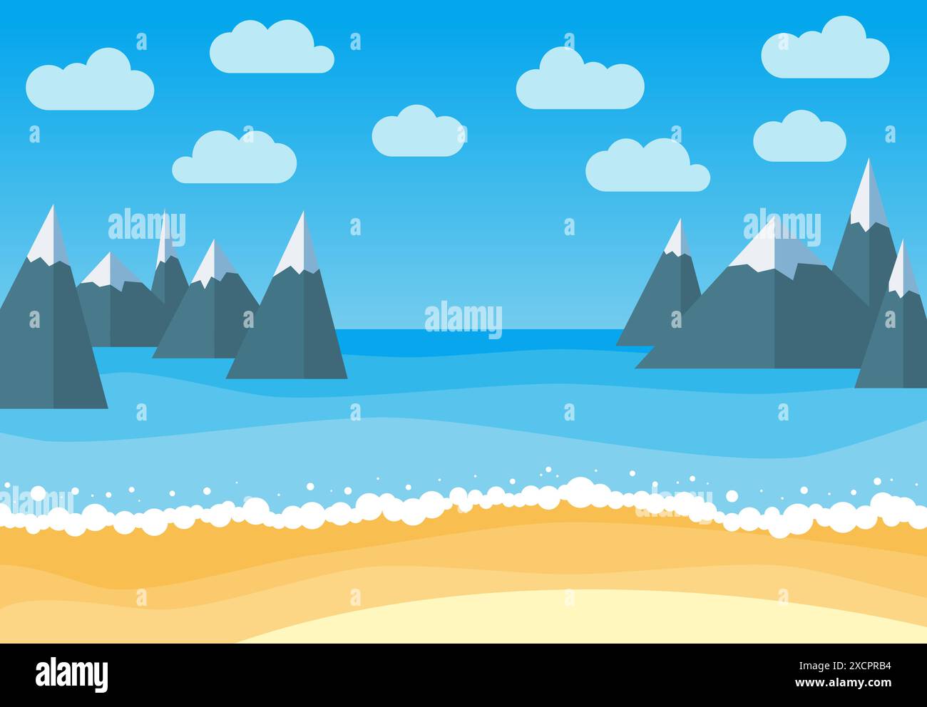 Vector landscape with summer beach and rocks. Waves of the sandy beach ...