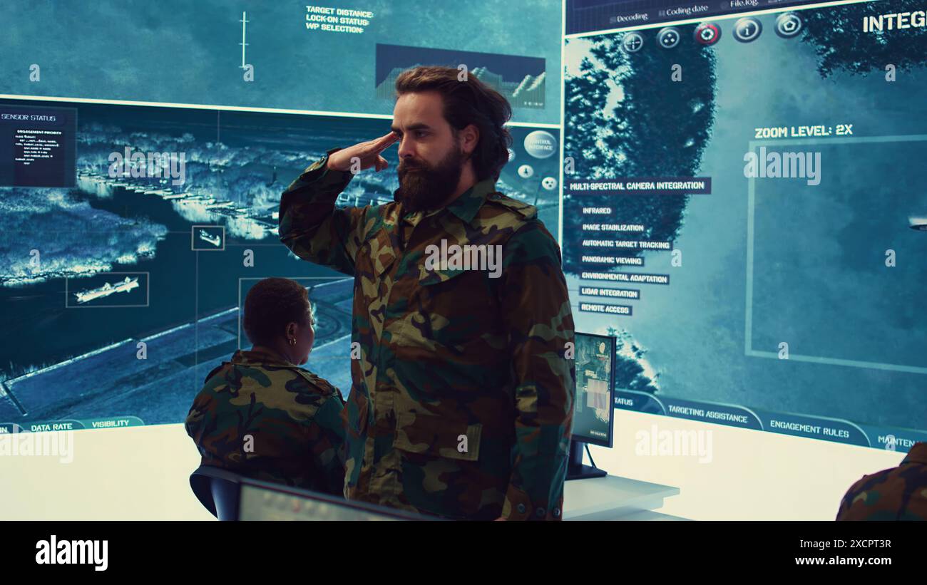 Sergeant presenting his salute with respect for the colonel and high ...