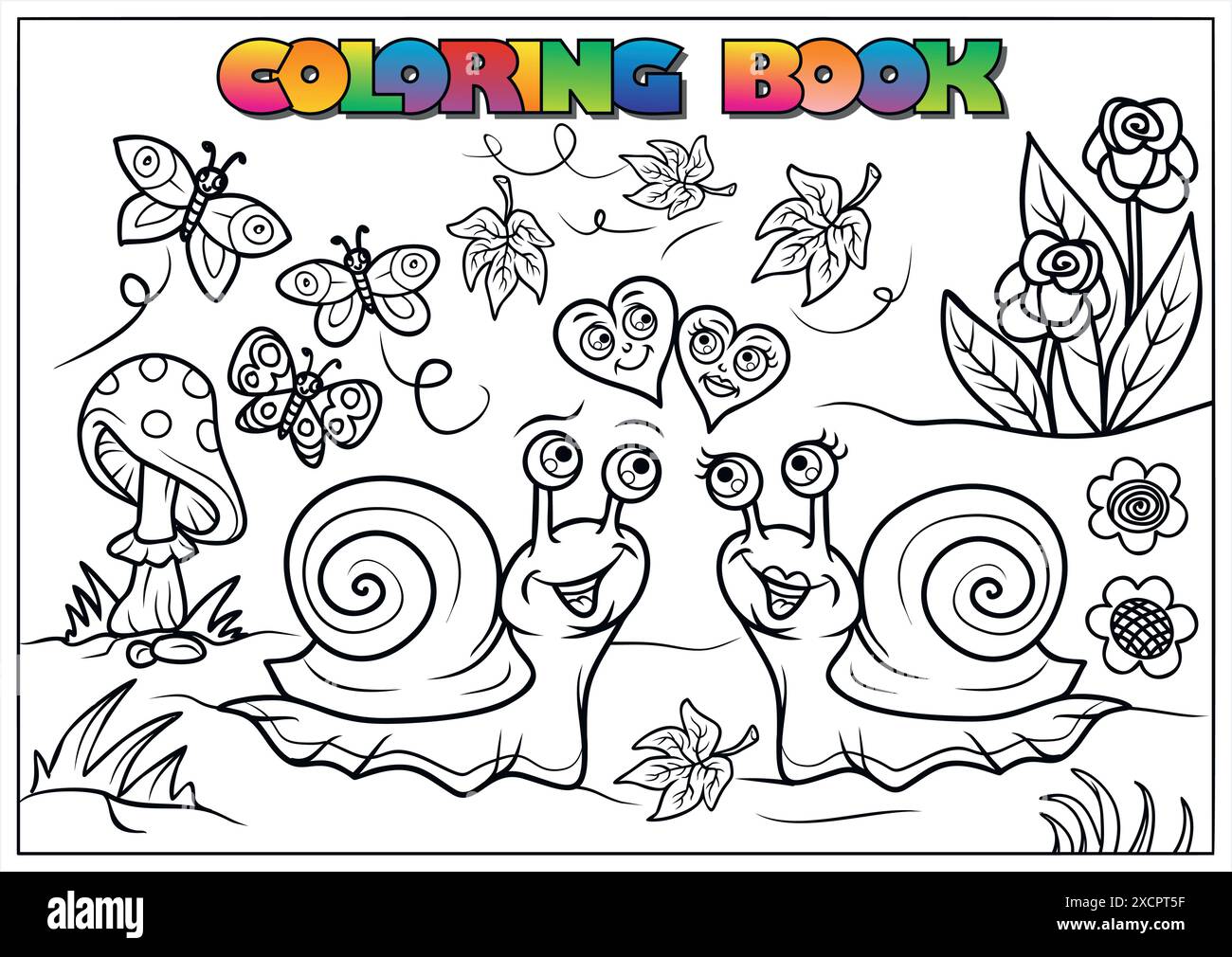 Black and white drawing of two snails in love, surrounded by nature ...