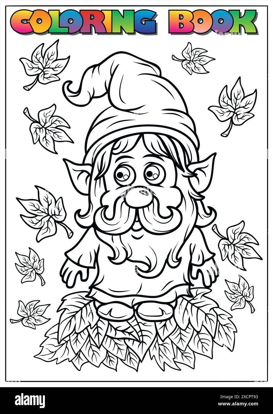 Coloring page showing a funny garden gnome standing on a pile of dry ...